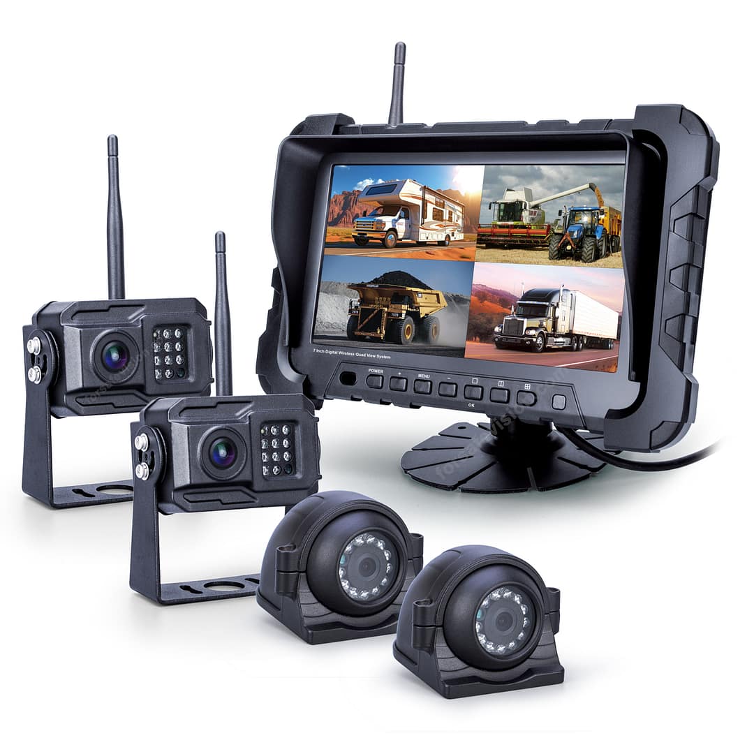 Wireless Reverse Camera System | 7" Quad View Display with Built-in DVR
